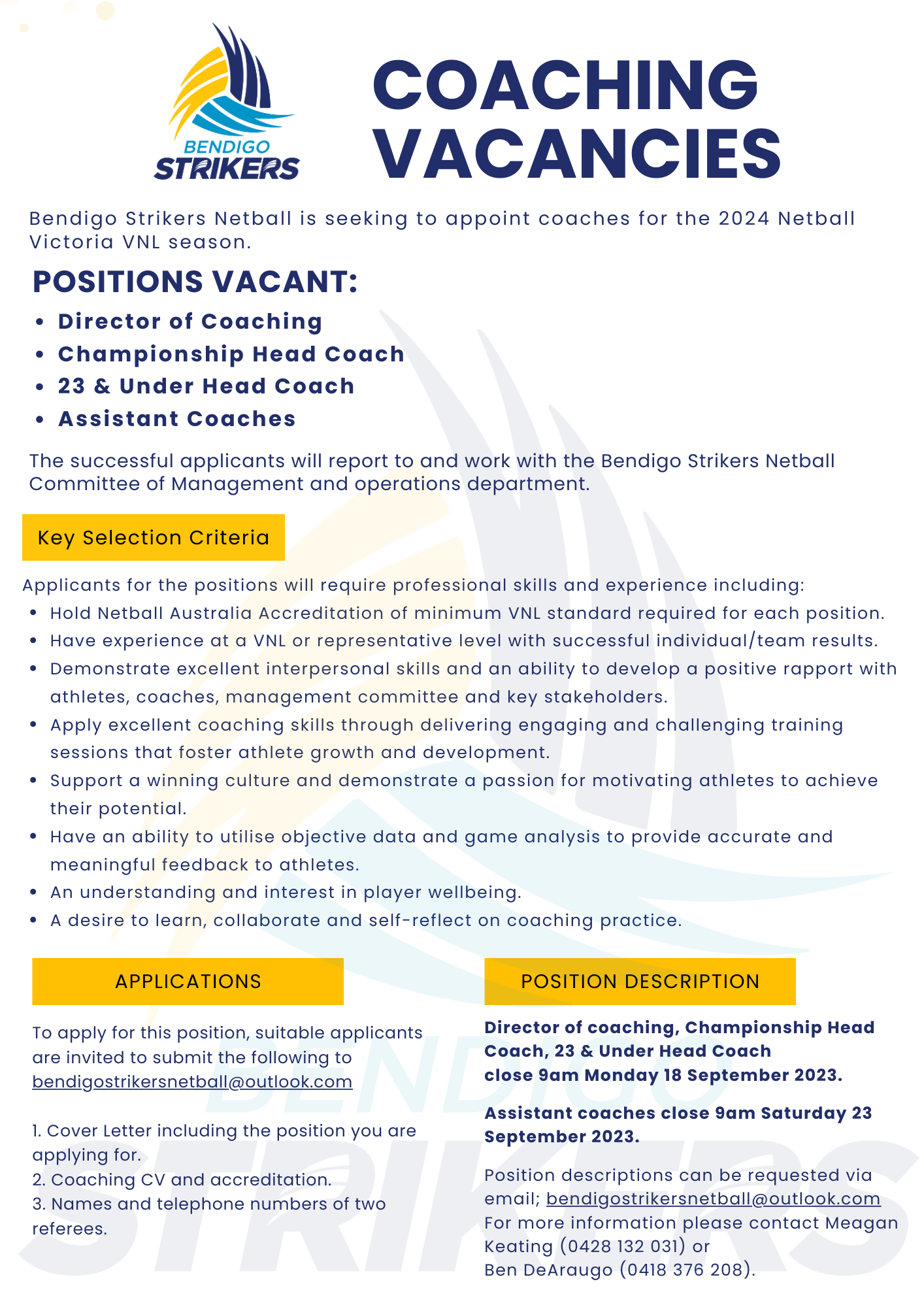 Bendigo Strikers Netball - 2024 Coaching Vacancies